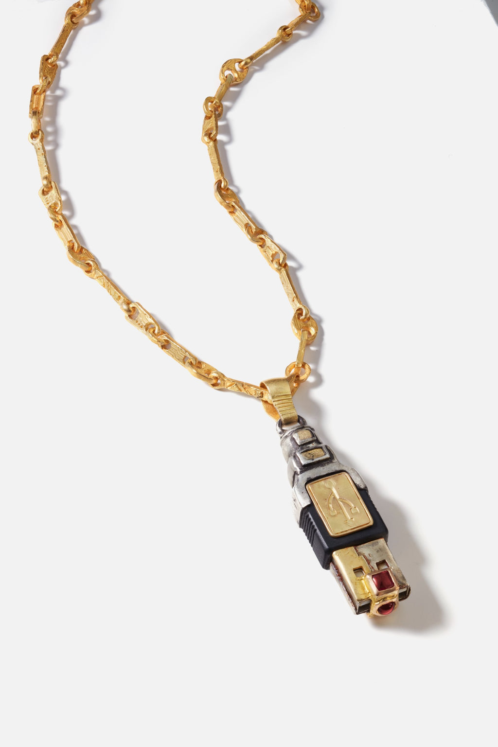 USB Necklace - 22kt gold chain and USB pendant with gold, oxidised sil ...